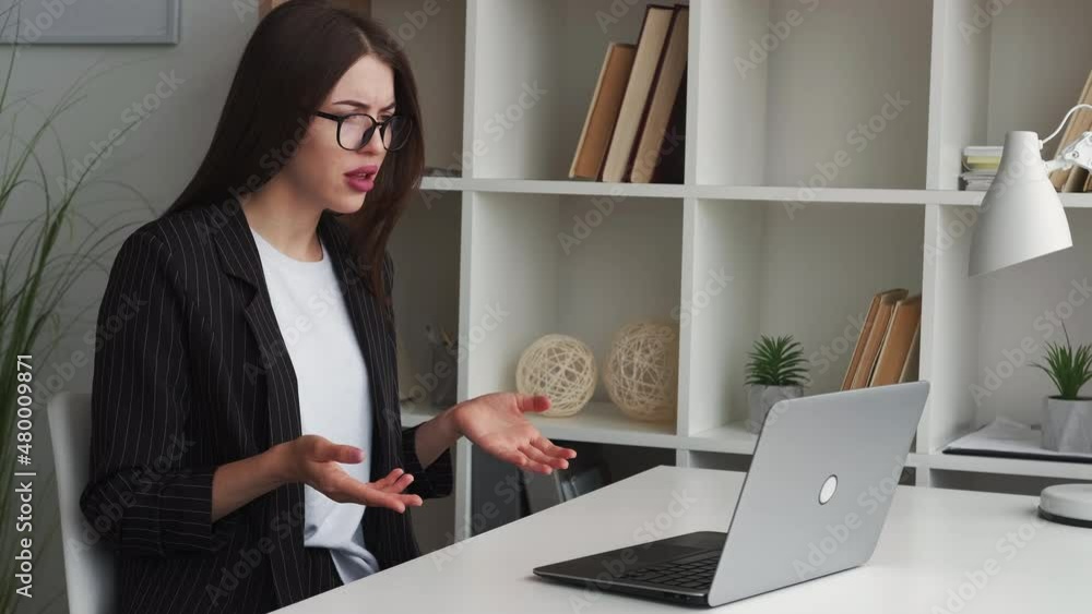 Angry woman. Video conference. Worker punishment. Arguing lady ...