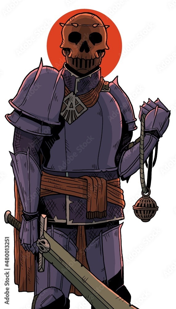 skull helmet holy knight with sword and censer evil 2d illustration ...