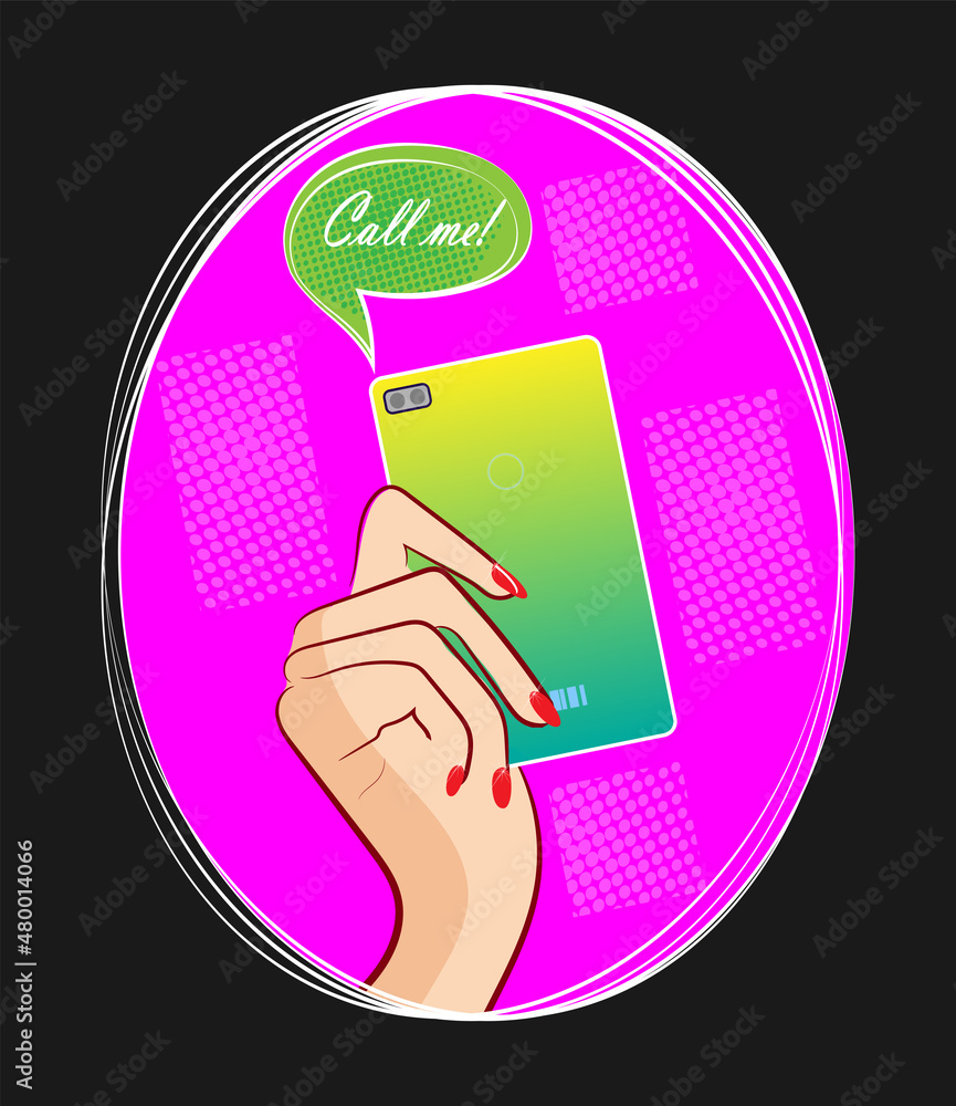 Smartphone in a female hand with long scarlet nails. Above is the ...