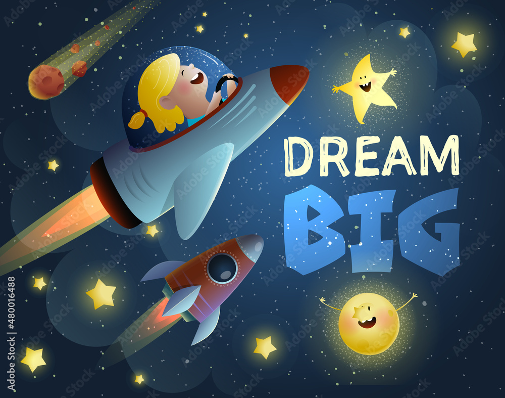 Cute girl astronaut in outer space driving spaceship, kids space ...