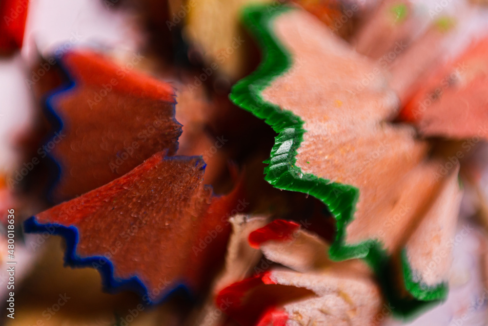 macro photo,colored pencil shavings on a white paper background Stock ...