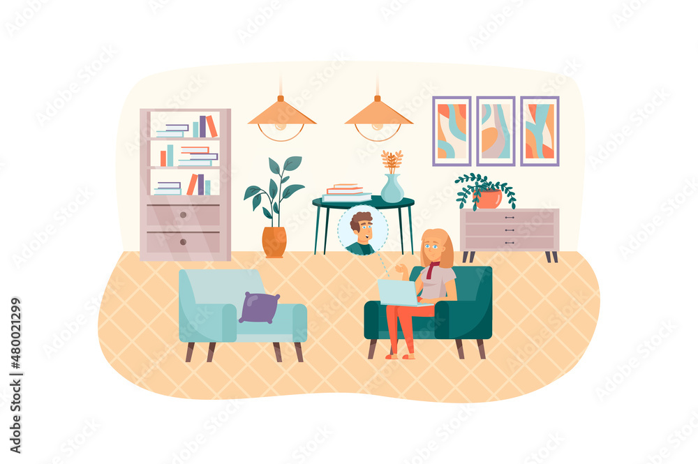 Video conferencing at home scene. Woman have video call meeting at ...