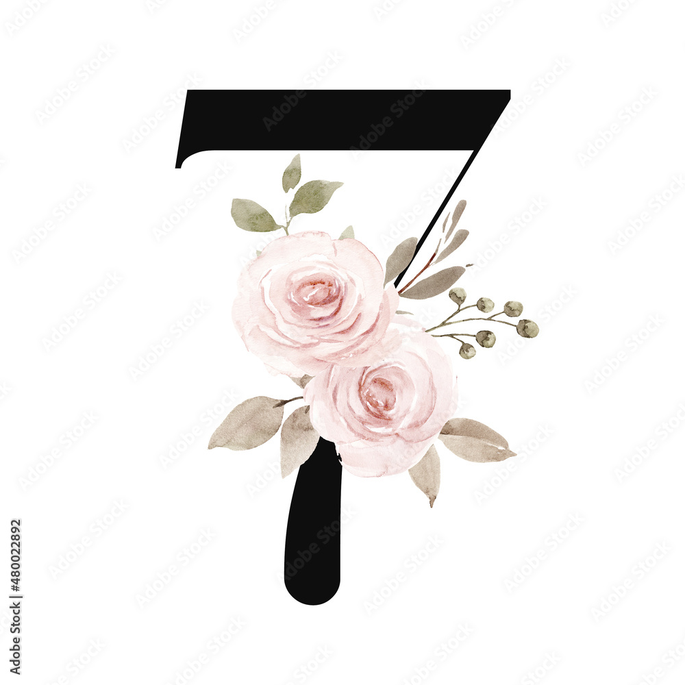 Number 7 with watercolor flowers roses hand painting. Perfectly for ...