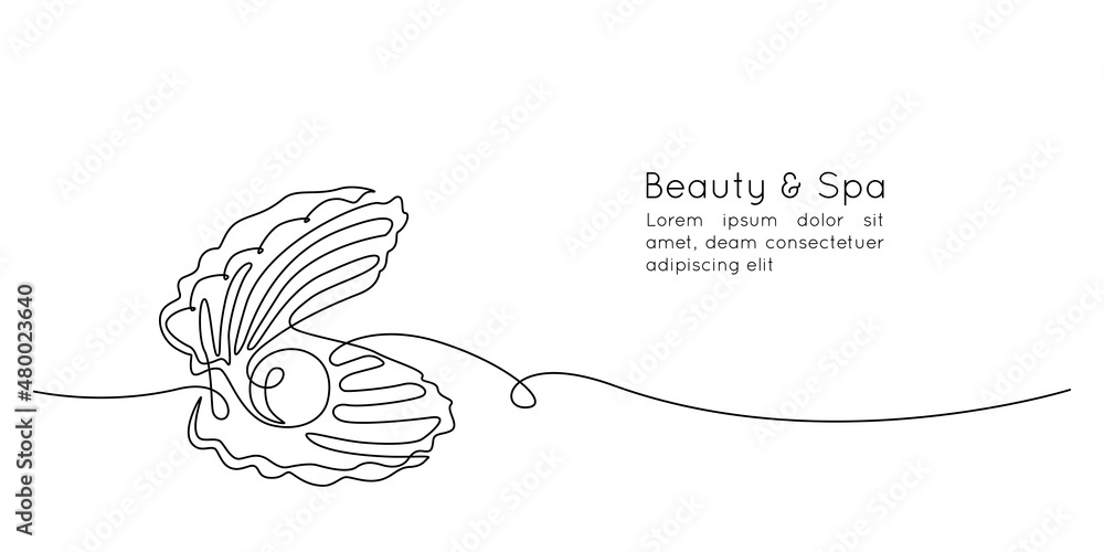 Continuous one line drawing natural open pearl shell and scallop ...