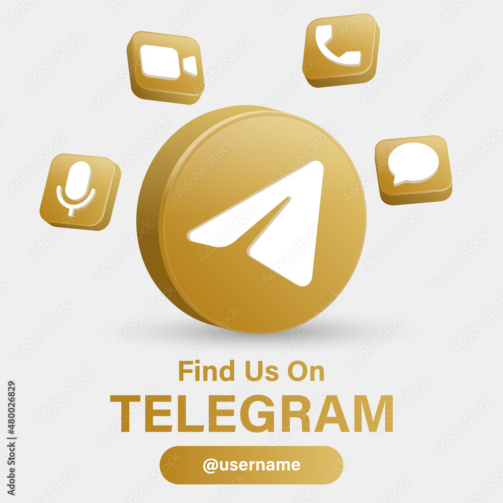 follow us on telegram for social media icons banner in 3d round golden ...