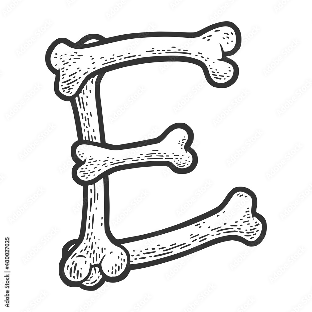 letter E made of bones sketch engraving vector illustration. Bones font ...