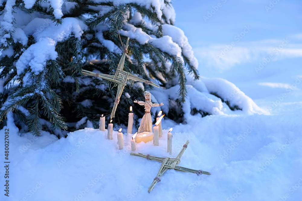 Wiccan altar for Imbolc sabbath, pagan holiday ritual. Brigid's cross ...