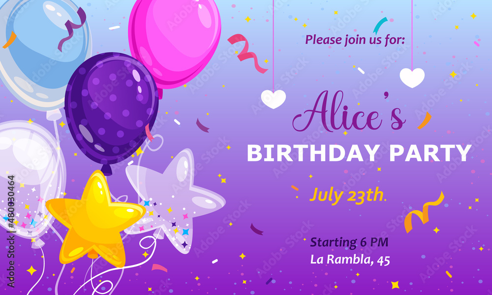 Cute invitation card design for a kid's birthday party, with colorful ...