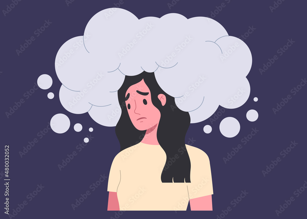 Young female with huge blue cloud above her head with sad face ...