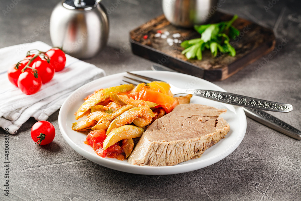 Dinner table with different dishes, set menu for nutritious healthy ...