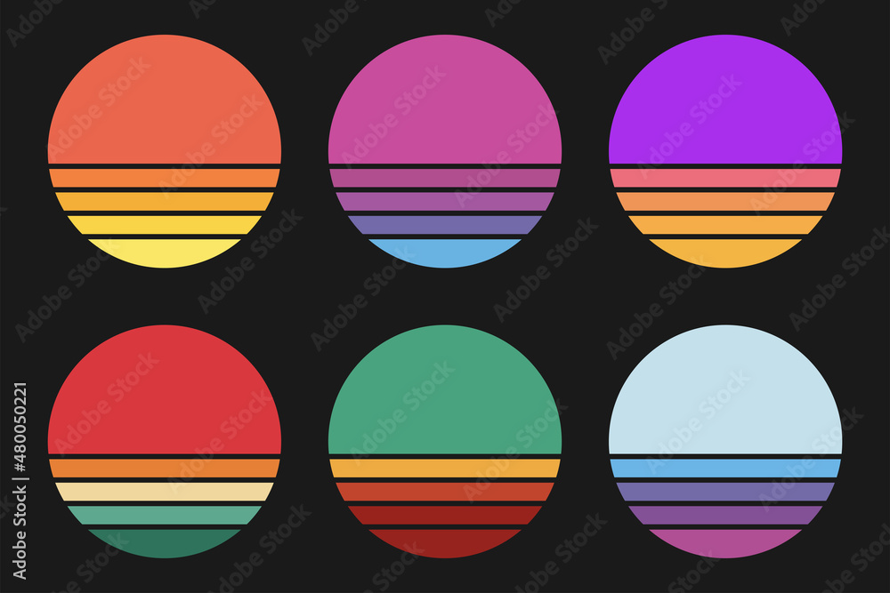 Retro sun collection on dark background. Retrowave sunset vector. Stock ...