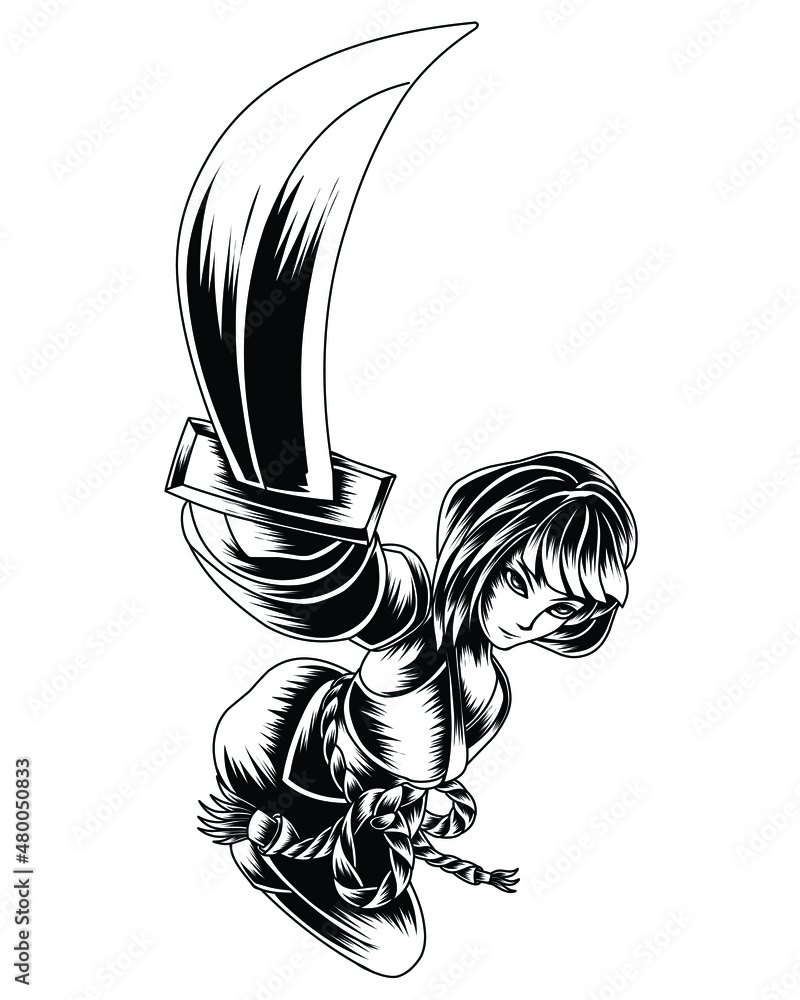 Artwork Illustration The Red Girl Draws Her Sword Line Art Stock Vector ...