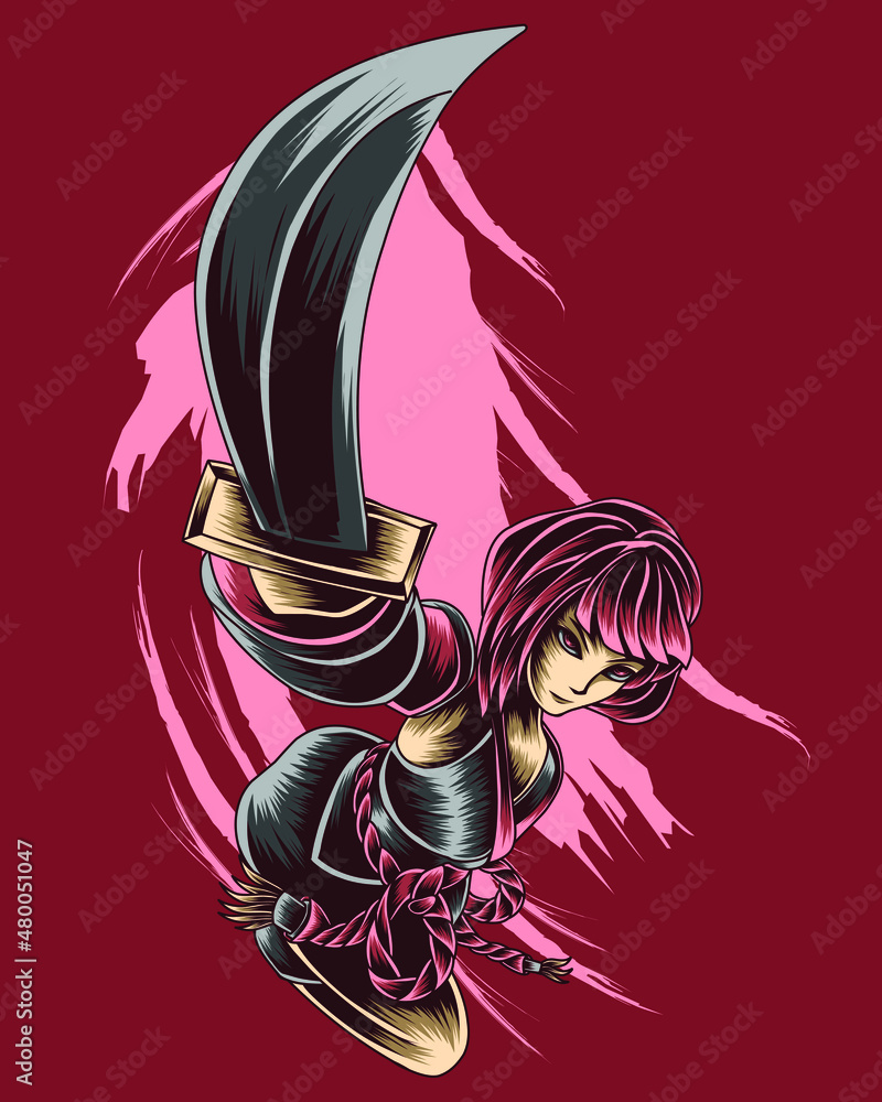Artwork Illustration The Red Girl Draws Her Sword Stock Vector | Adobe ...