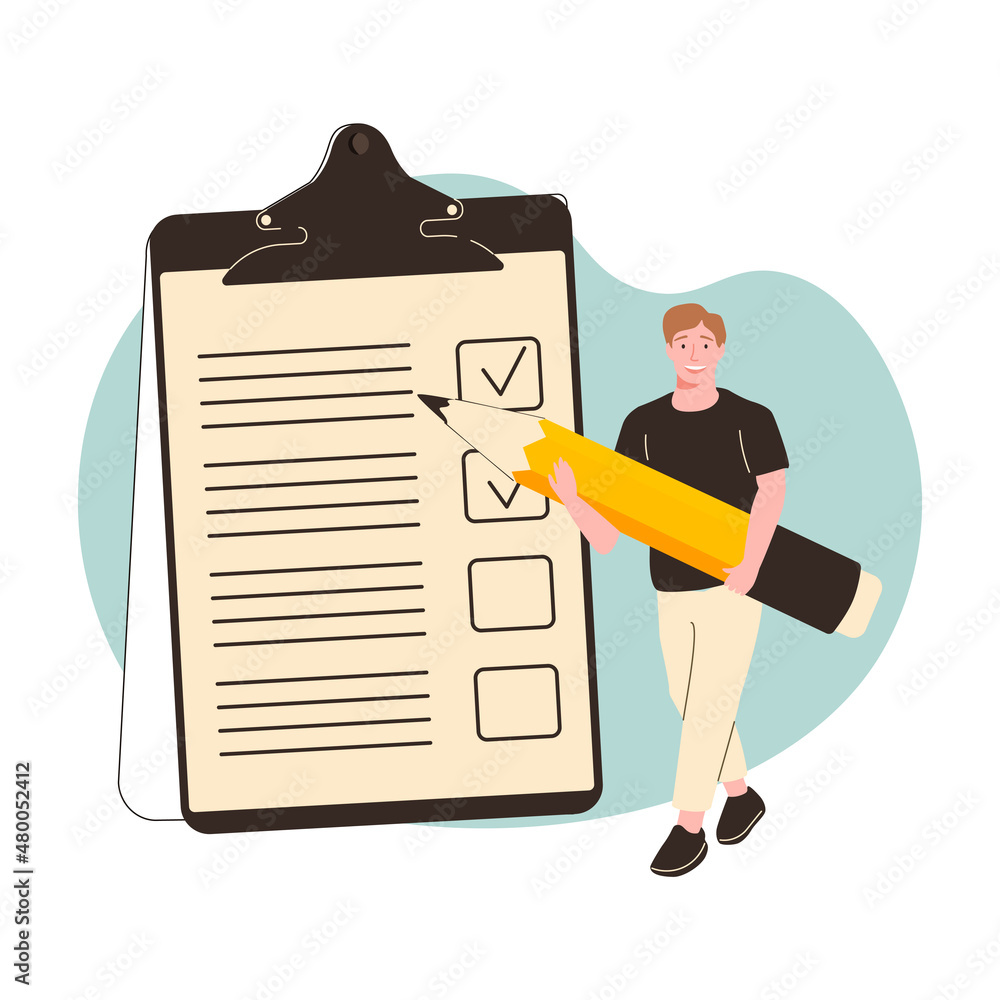 Business man holding giant pencil looking at completed checklist on ...