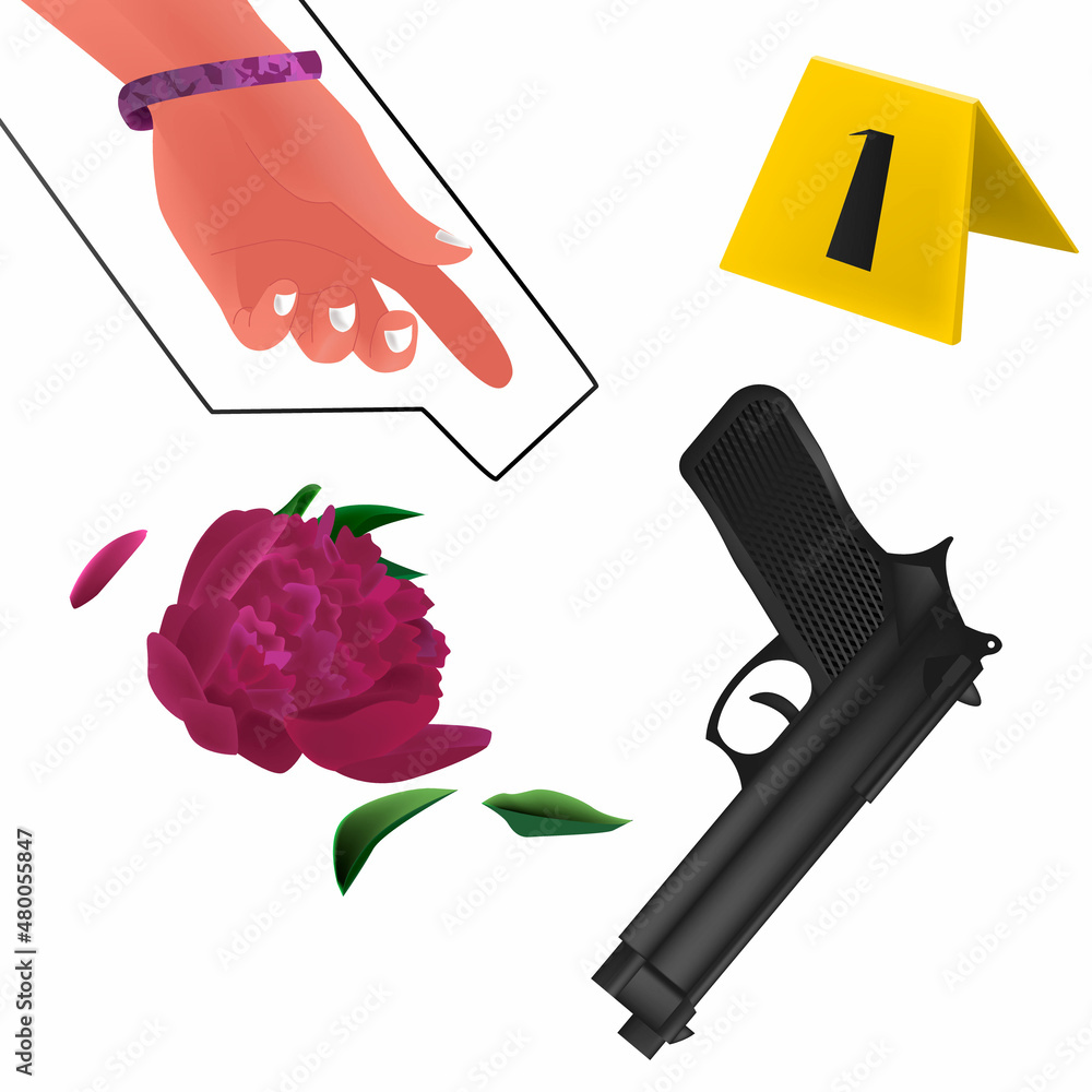 Vector 3d illustration with crime scene. It shows corpse circled with ...