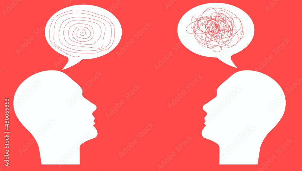 Two human heads talking through speech bubbles. Normal thinking brain ...