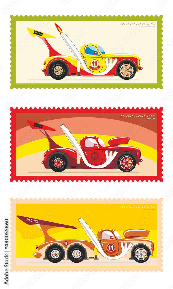 Cartoon funny pickup truck drag racing postage stamp Stock Vector ...