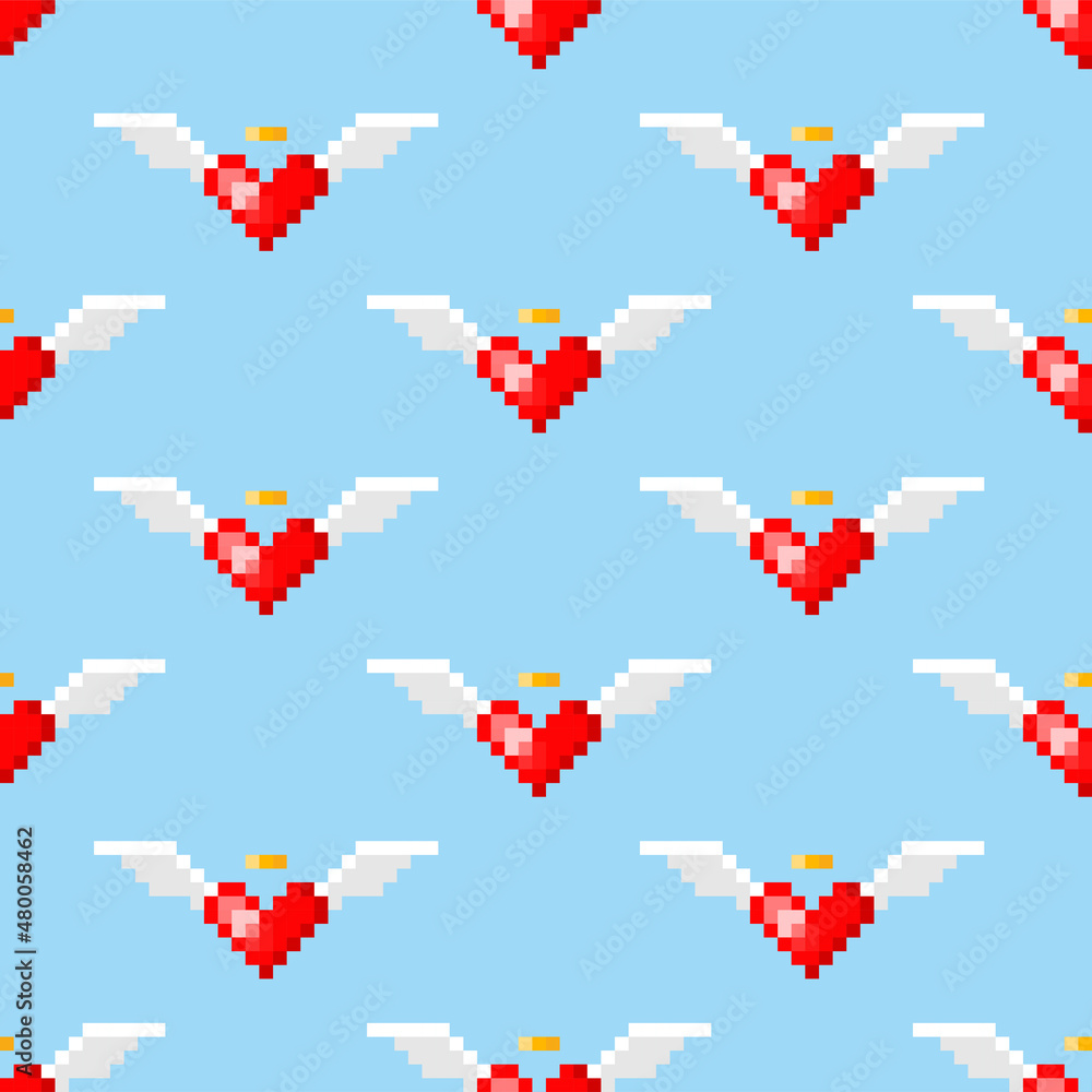 Pixel art. Heart with wings in style of 8-bit game.seamless pattern ...