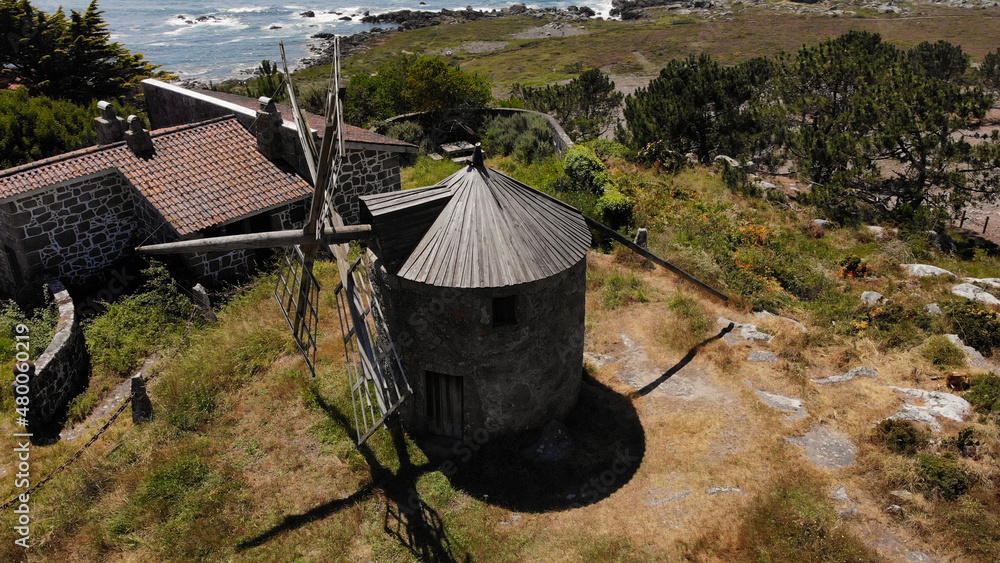 Aerial view of the Marinheiro Windmill. This circular tower mill has ...