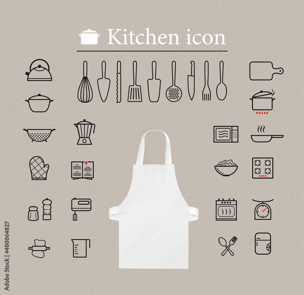 Kitchen icon set with apron. Set of sign for detailed guideline. Vector ...