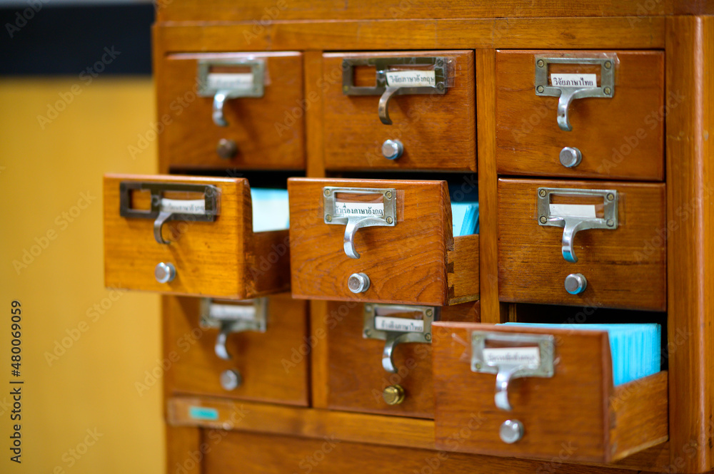 Catalog cards in library for retrieving books in the library cabinet ...