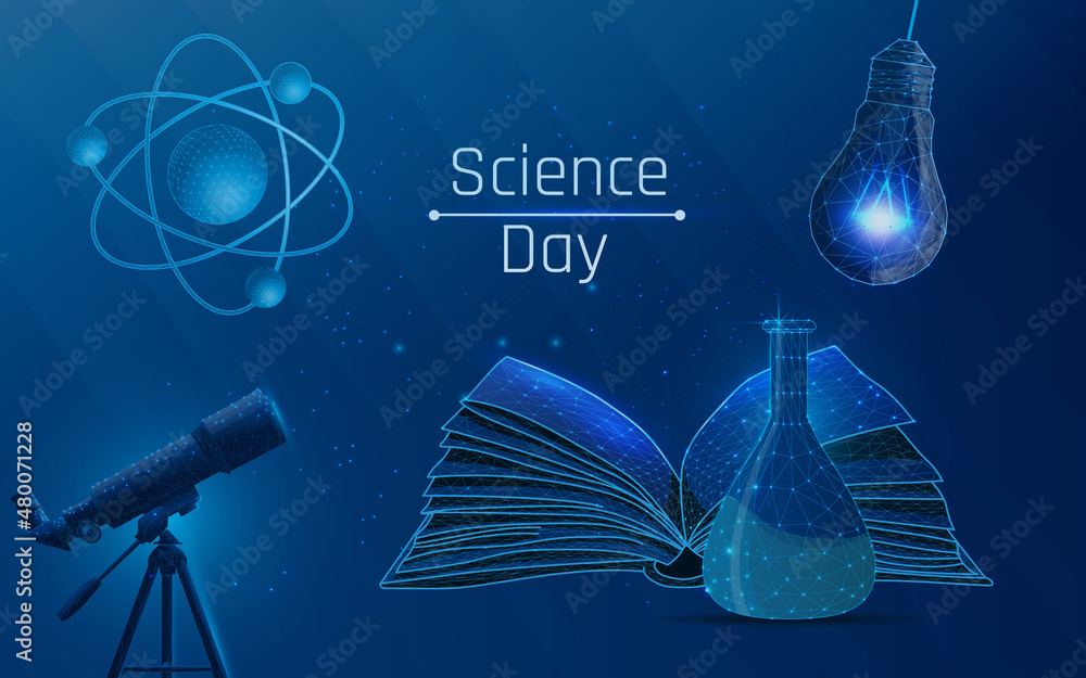 set of telescope, book, atom, light bulb and flask. national science ...