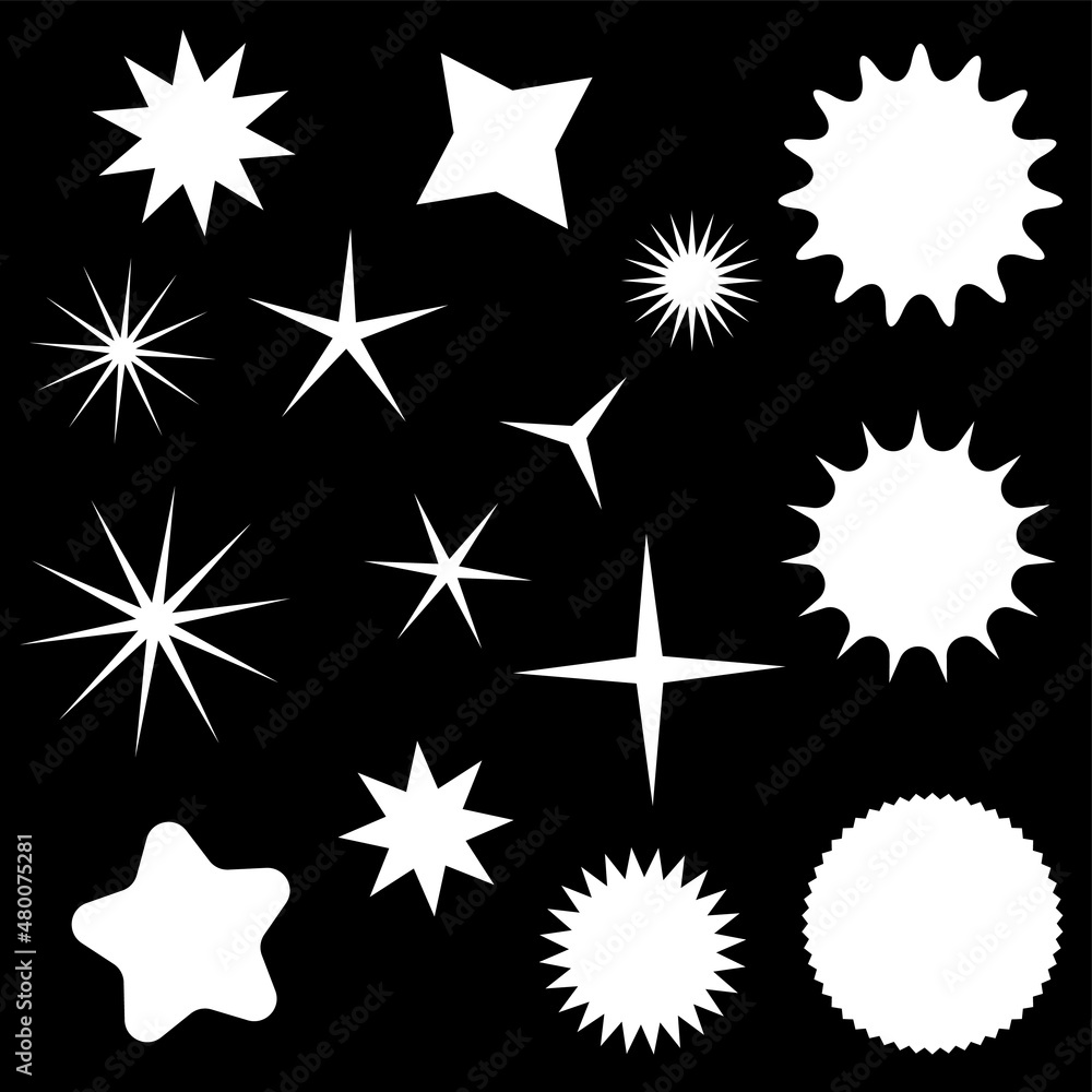 Star icons set, fifteen various white isolated stars on the black ...