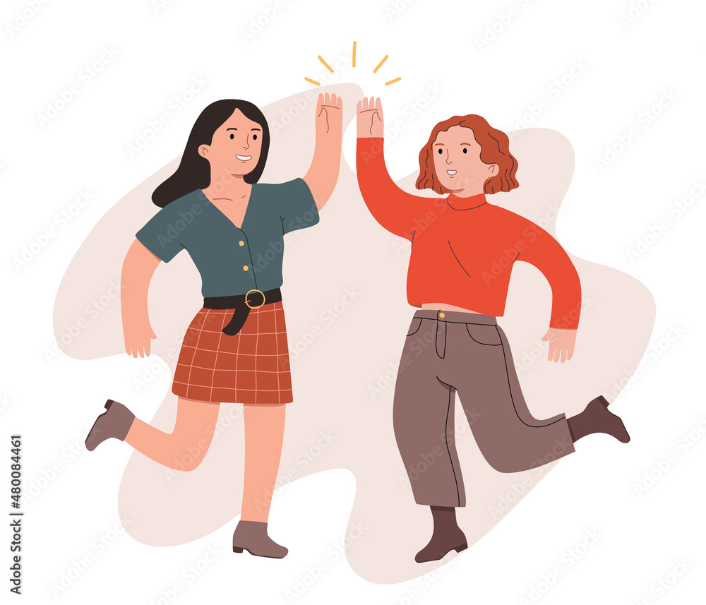 Two happy girls giving high five. Hand drawn flat vector cartoon ...
