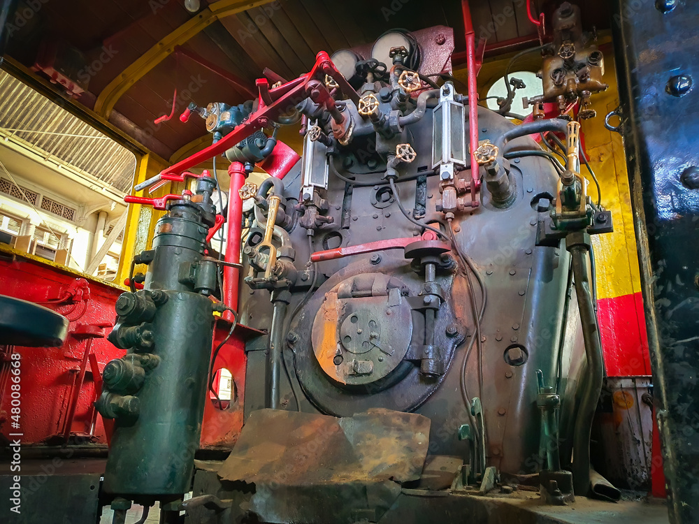 The engine room of a steam locomotive of a ancient train. Stock Photo ...