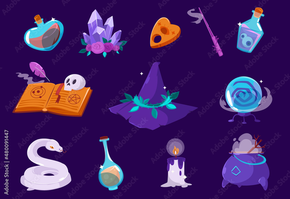 Cartoon magic items crystal globe, potion bottle, snake, witch hat ...