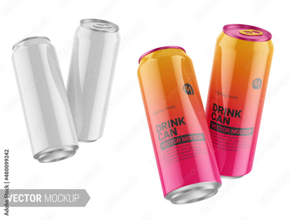 Two white glossy drink cans mockup. Vector illustration. Stock Vector ...
