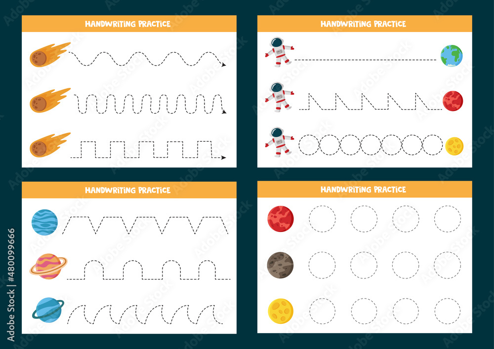 Set of tracing lines worksheets with space pictures. Writing practice ...