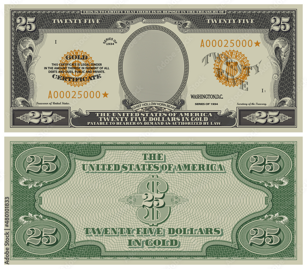Fictional paper money, gold certificate, denomination of 25 dollars in ...