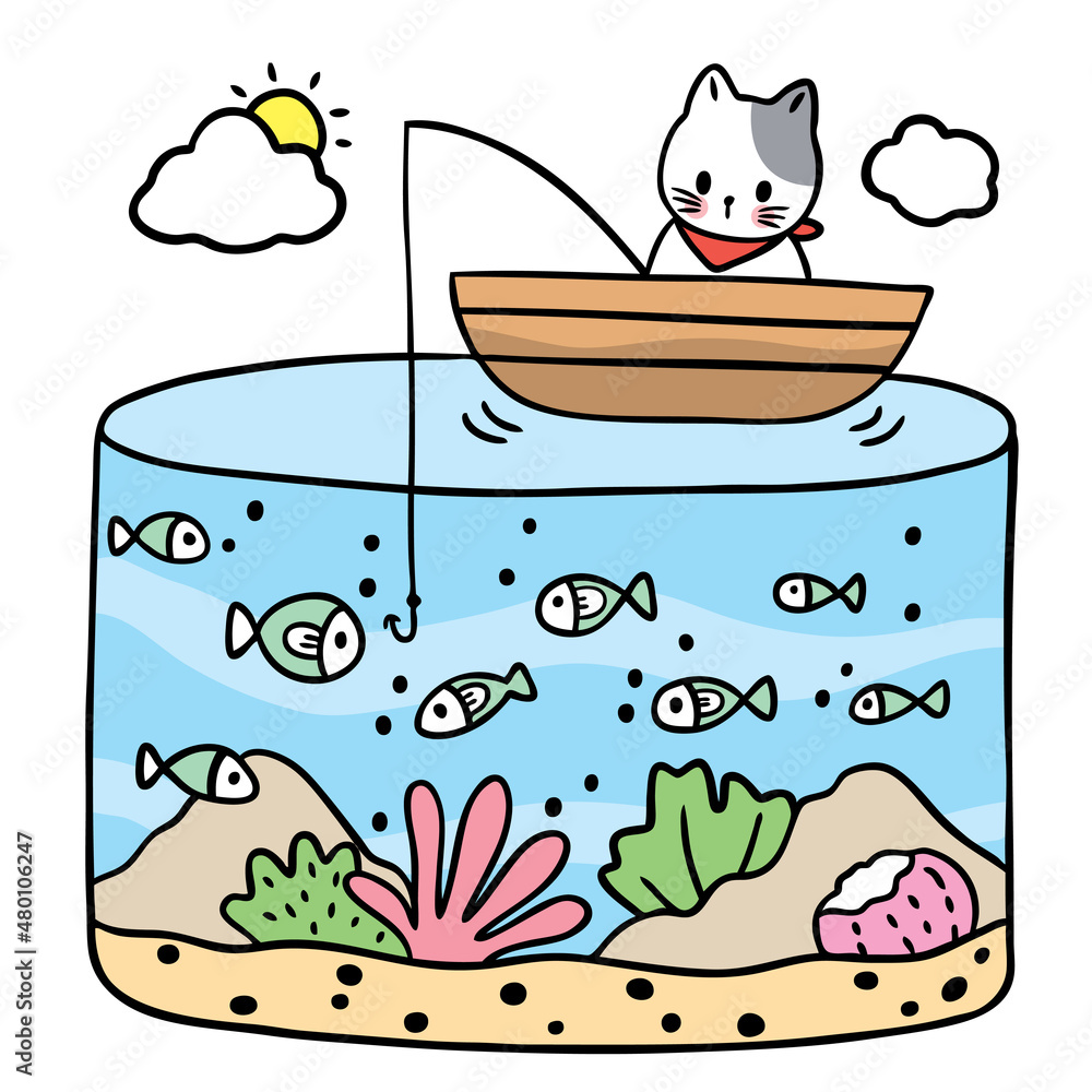 Cartoon cute cat fishing in the sea vector. Stock Vector | Adobe Stock