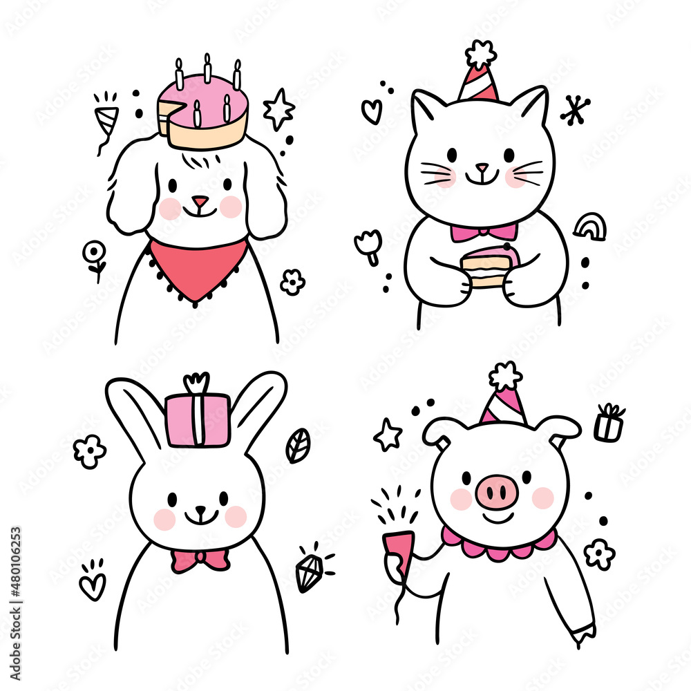 Cartoon cute happy birthday animals vector. Stock Vector | Adobe Stock
