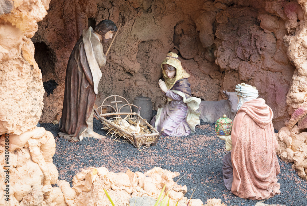 Christmas nativity scene in a stable with baby Jesus in a manger, Mary ...