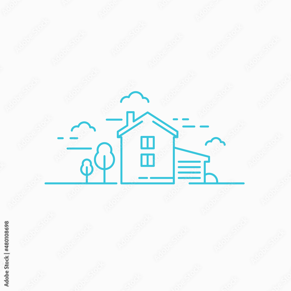 Linear illustration of a residential building. icon of a private two ...