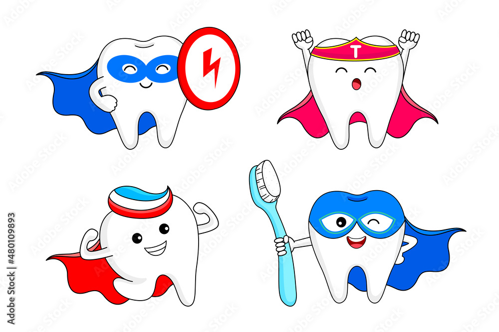 Cute cartoon super hero tooth. Character design, dental care concept ...