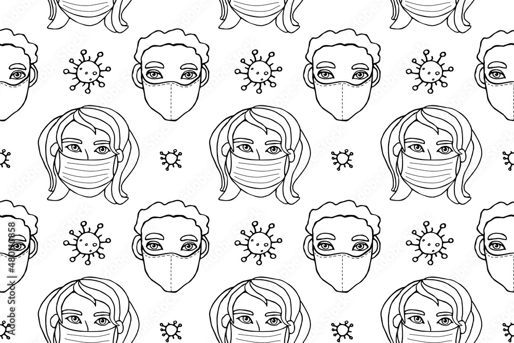 Vector seamless pattern with outline of people wearing medical ...