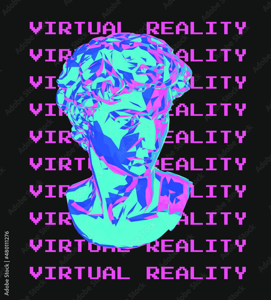 3D illustration of a low poly bust sculpture of a human head on a dark ...