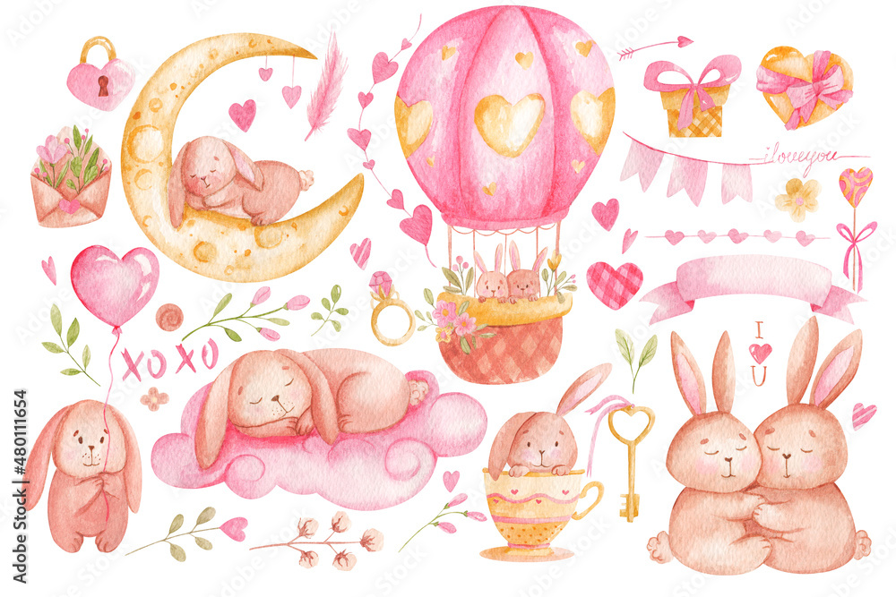 Cute rabbits in love and symbols of love. Hand painted Valentine's Day ...