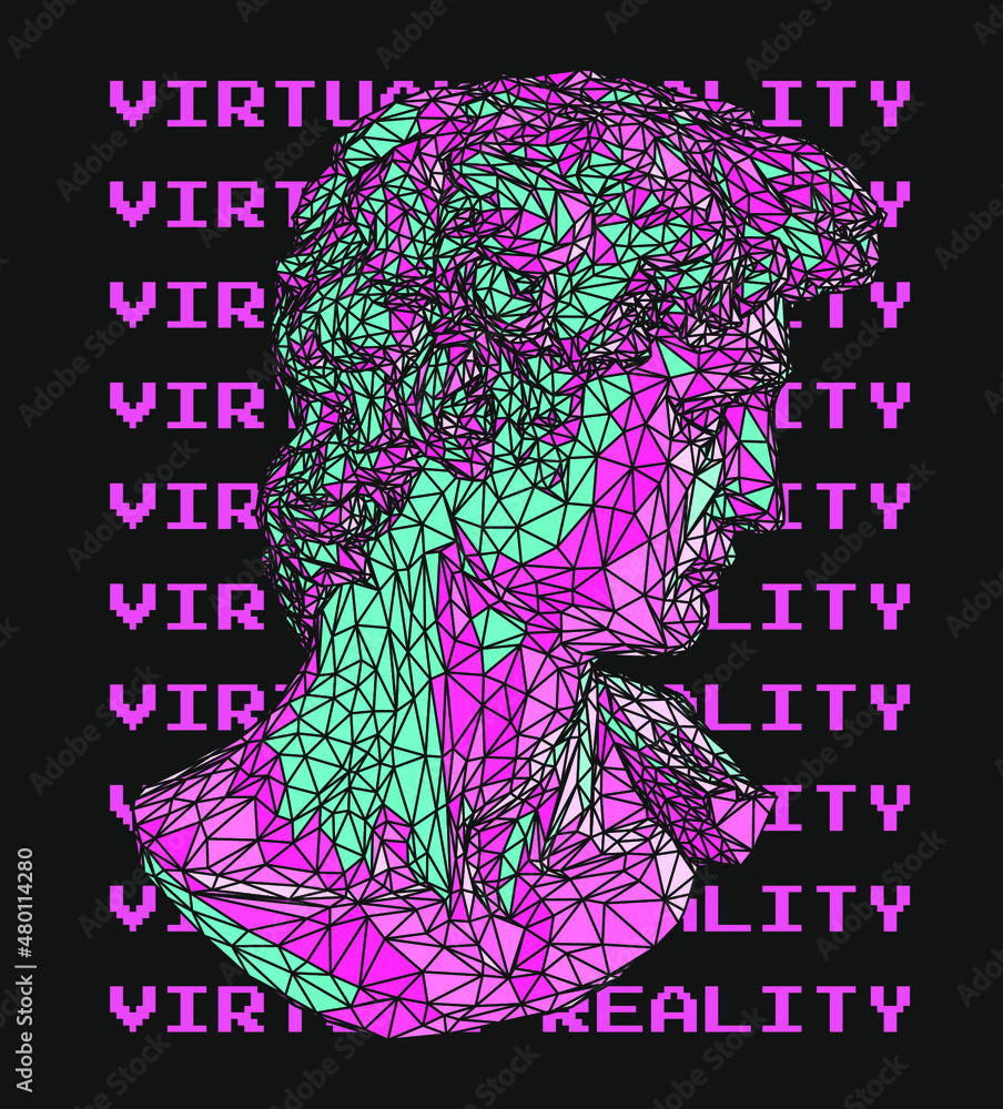 3D illustration of a low poly bust sculpture of a human head on a dark ...