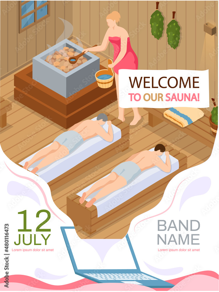 Welcome to our sauna advertising poster. Woman pours hot stones in ...