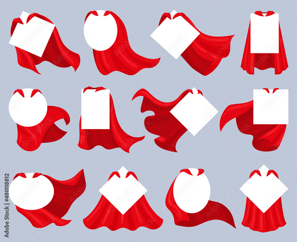 Cartoon superhero cloaks with empty posters, scarlet capes covers. Hero ...
