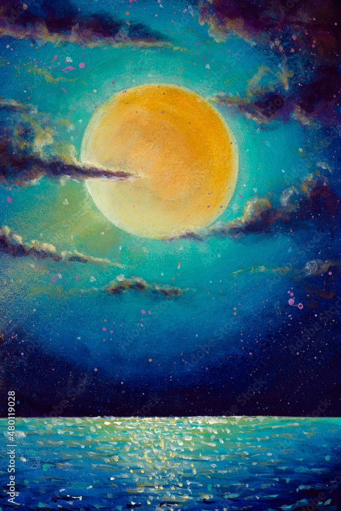 Painting mystic night big glowing moon planet sun over ocean sea water ...