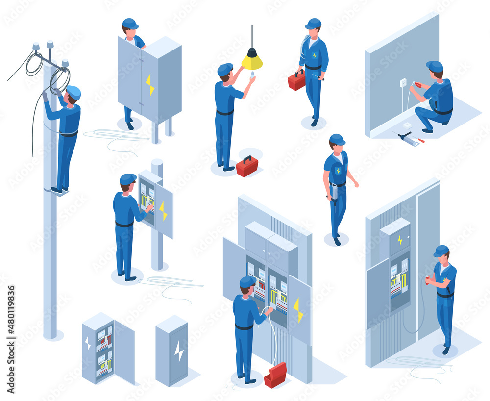 Isometric professional electricians, workers repair power line ...