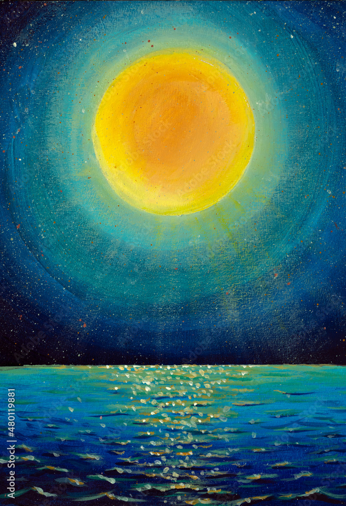 Painting mystic night big glowing moon planet sun over ocean sea water ...