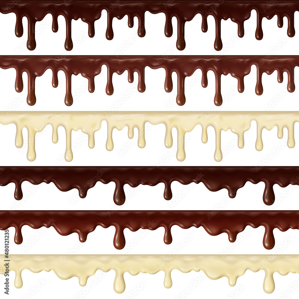Realistic sweet chocolate dripping, flowing hot chocolate borders ...