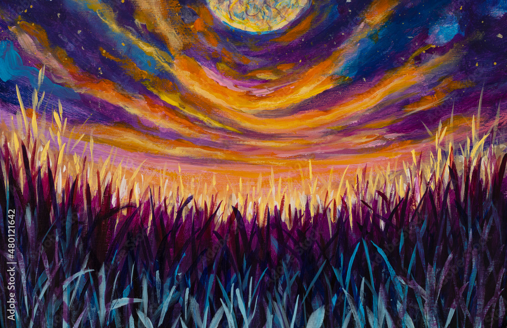 Painting modern mystic art sunset dawn starry sky with clouds space ...