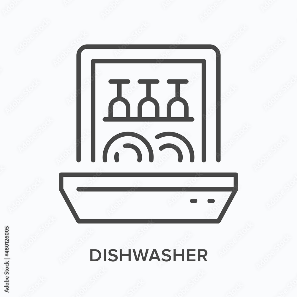Dish washer flat line icon. Vector outline illustration of tableware ...